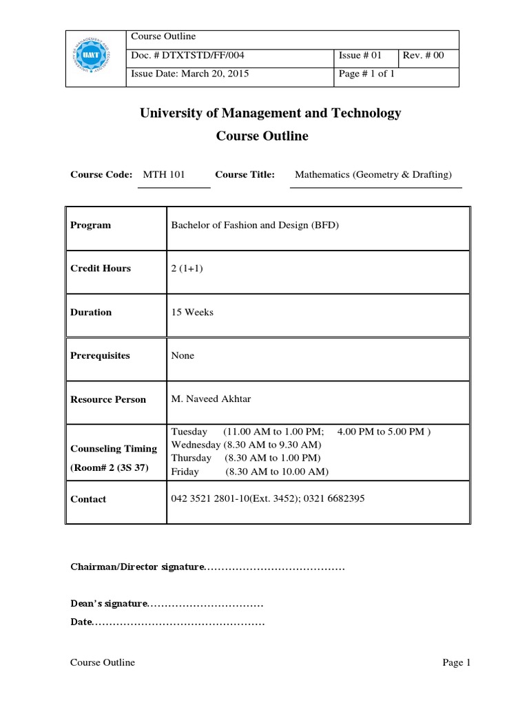 Course Outline MTH 101 Mathematics (Geometry and Drafting) Spring 2015 ...