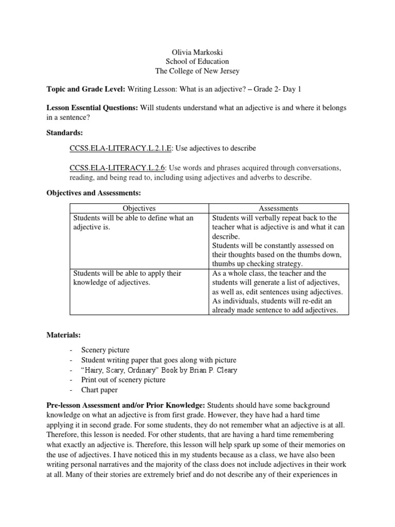 Grade 2 Adjective Writing Lesson Plan | PDF | Adjective | Classroom