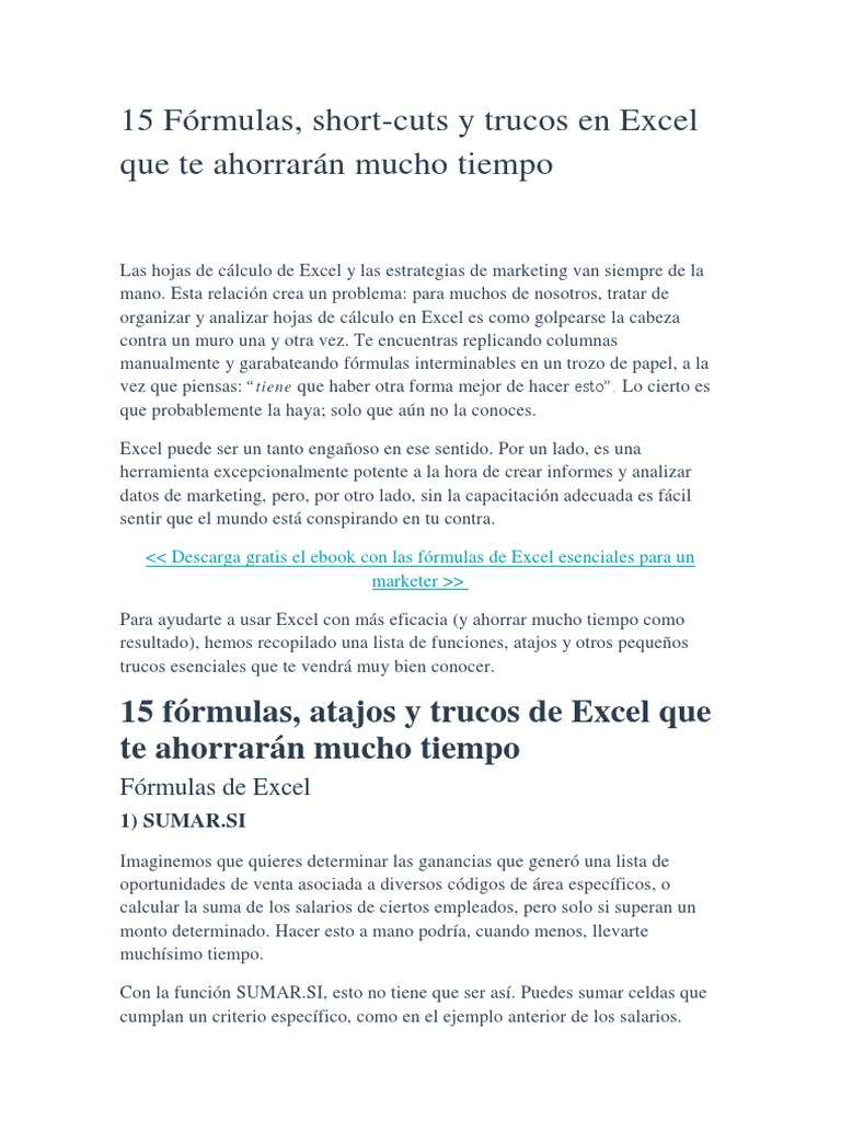 15 Fórmulas Excel | PDF | Hoja de cálculo | Microsoft Excel