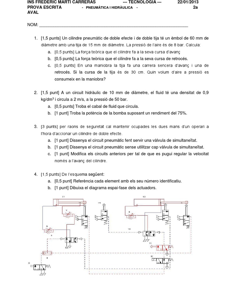 Prova Escrita 4 2a Avaluació Pneumàtica I Hidràulica | PDF