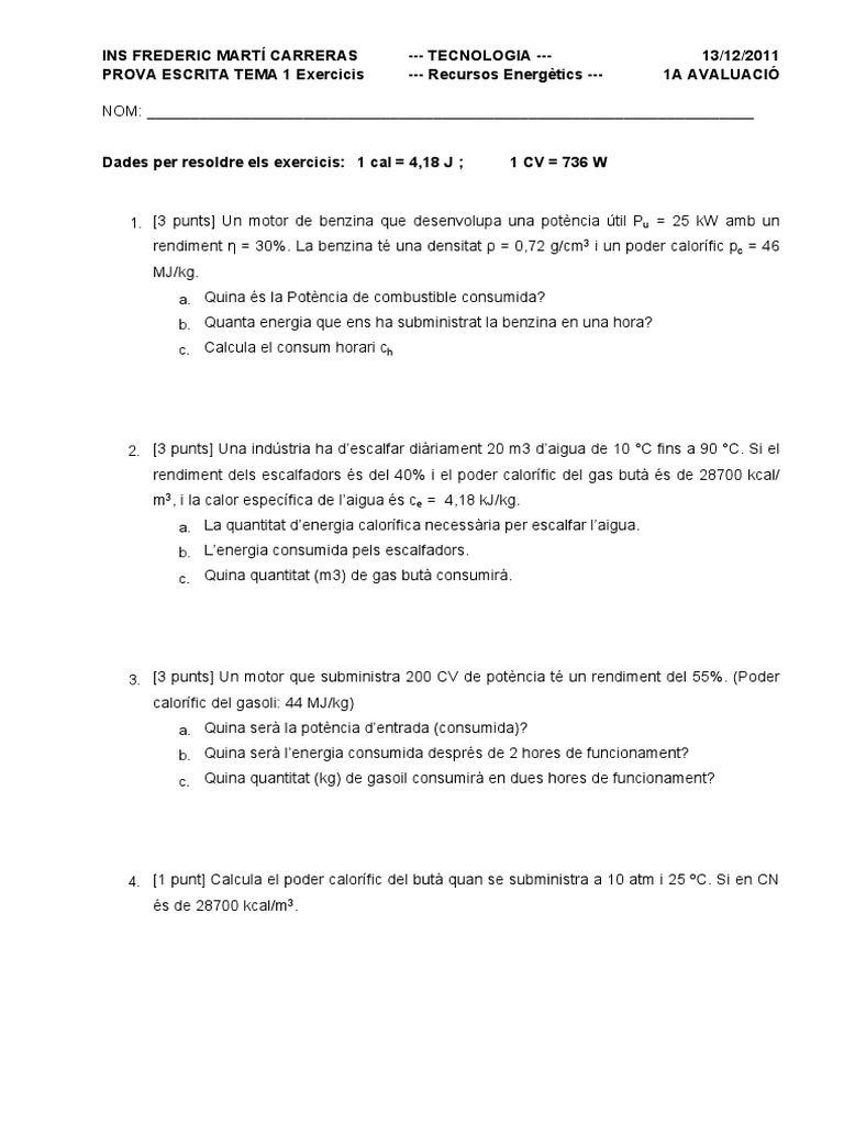 Prova Escrita 1a Avaluació Tema 1 Exercicis 1r Batxillerat | PDF