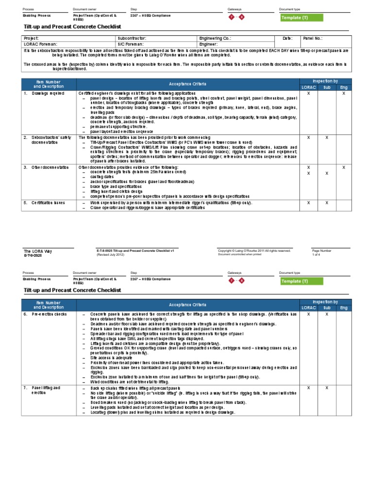 Tilt Up and Precast Concrete Checklist | Specification (Technical ...