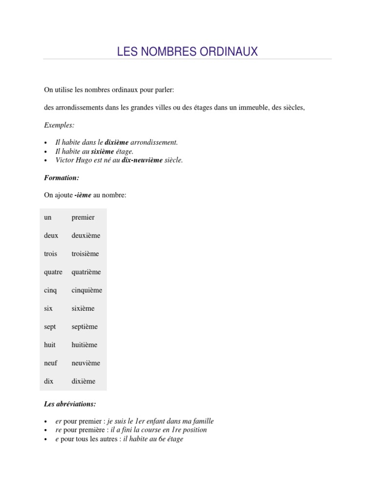 Les Nombres Ordinaux | PDF