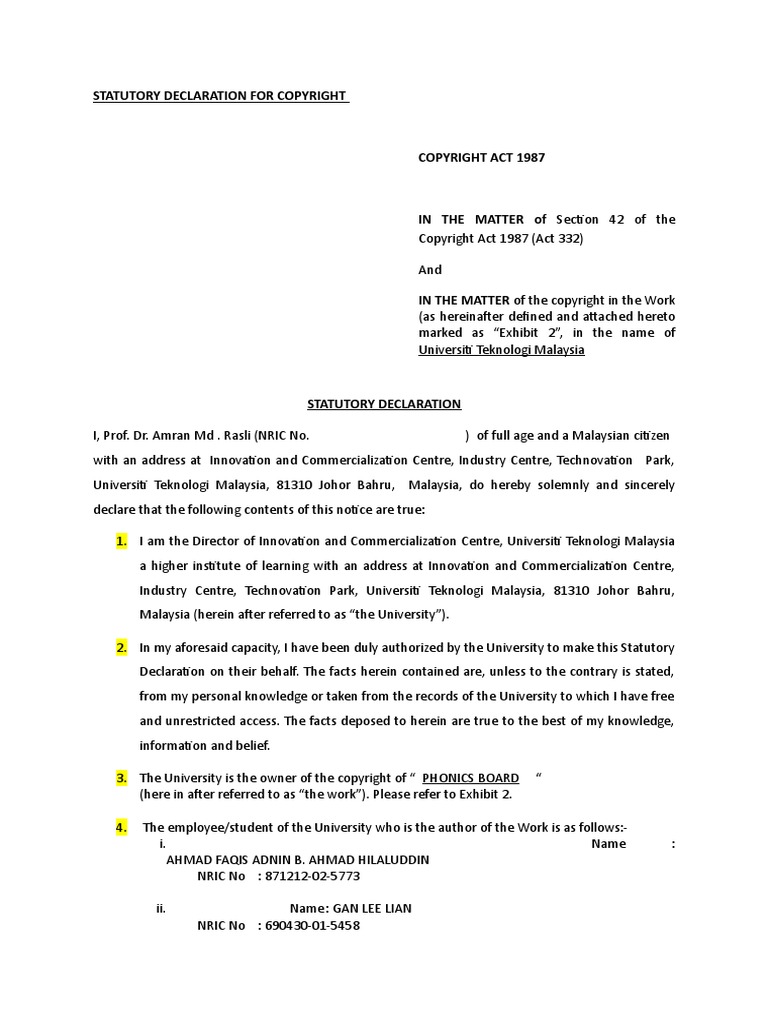 Statutory Declaration For Copyright | PDF | Civil Law (Common Law) | Virtue