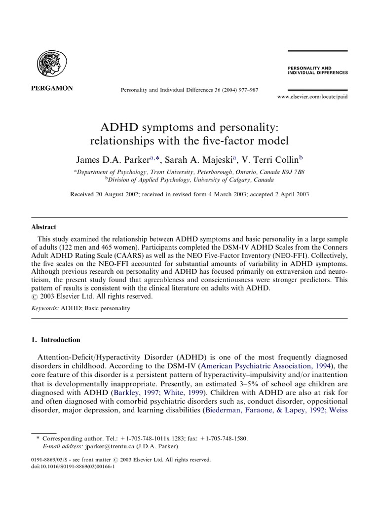 ADHD Symptoms and Personality Relationships With The Five-Factor Model ...