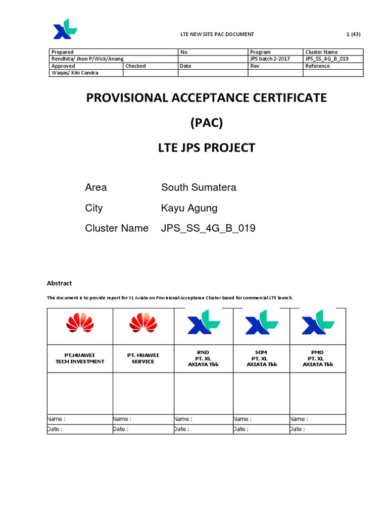 Provisional Acceptance Certificate (PAC) Report for the JPS_SS_4G_B_019 ...
