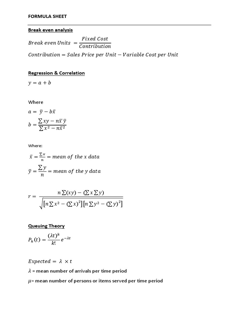 Formula Sheet | Evaluation Methods | Mathematical And Quantitative ...