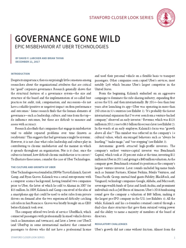 Governance Gone Wild: Epic Misbehavior at Uber Technologies | PDF ...