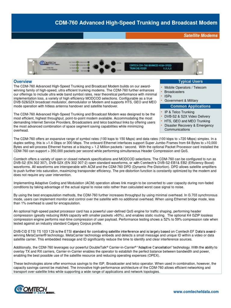 Comtech/EFData CDM-760 Satellite Modem Data Sheet | PDF | Network Packet | Quality Of Service