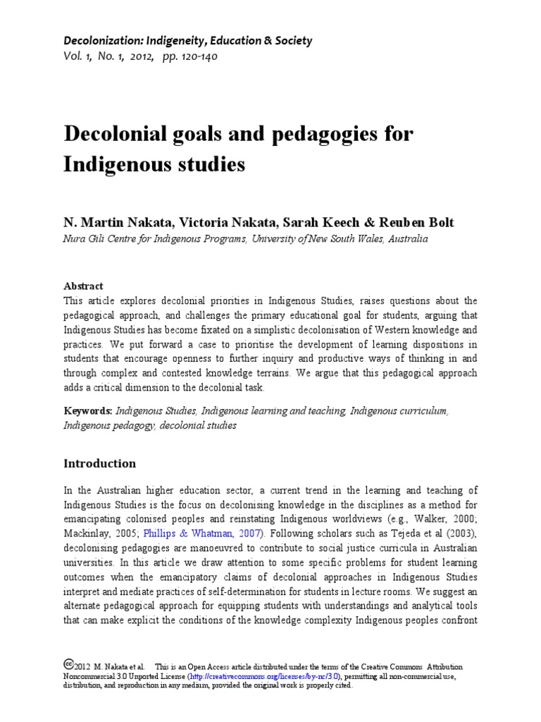 Decolonial Goals and Pedagogies For Indigenous Studies: N. Martin ...