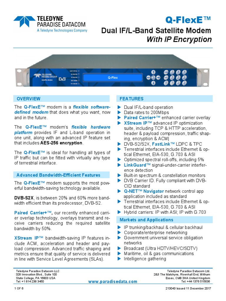 Paradise Datacom Q-FlexE Encrypted Satellite Modem Data Sheet 213043 12 ...