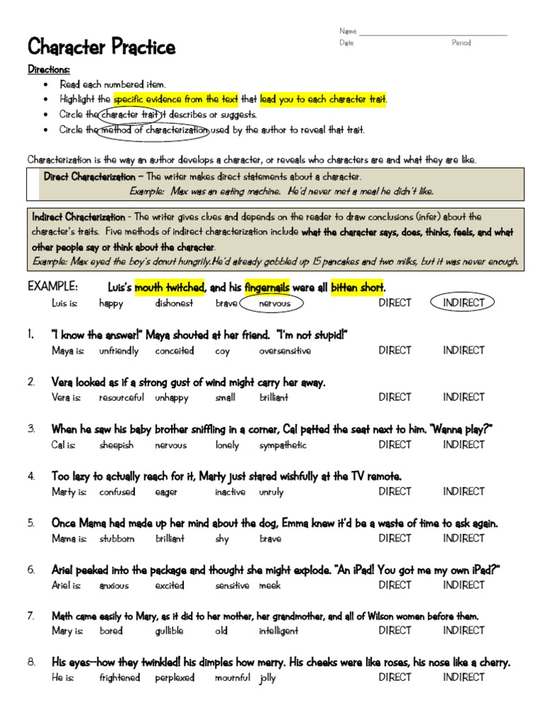 09 30 Barker Grade 6 Characterization Practice Worksheets | PDF