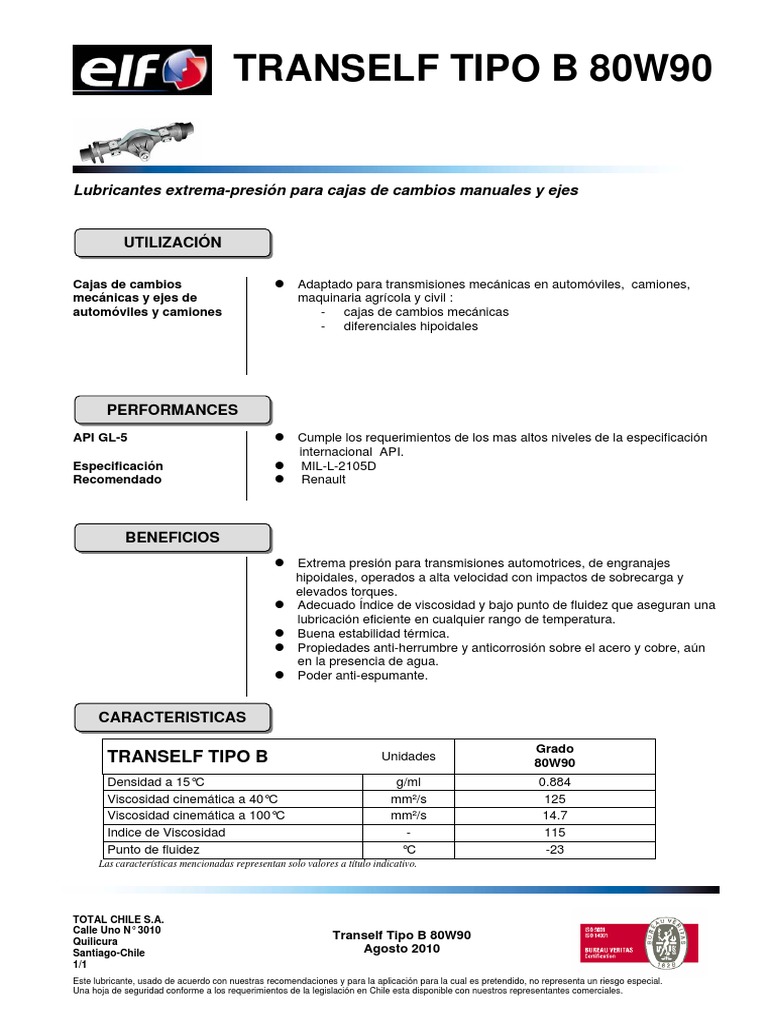 Tranself Tipo B 80W90 | PDF | Transmisión (Mecánica) | Lubricante