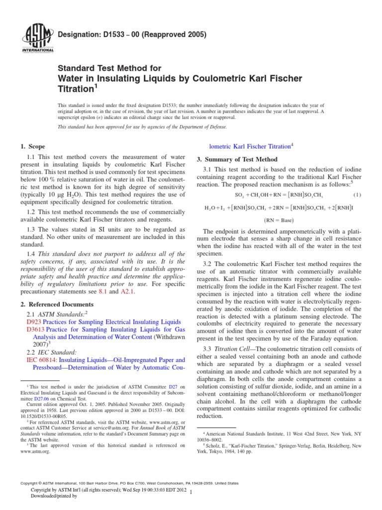 ASTM-D1533 Water in Insulating Liquids PDF | PDF | Syringe | Chemical ...