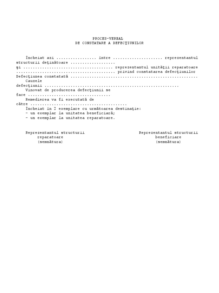 Model Proces Verbal Constatare a Defectiunilor