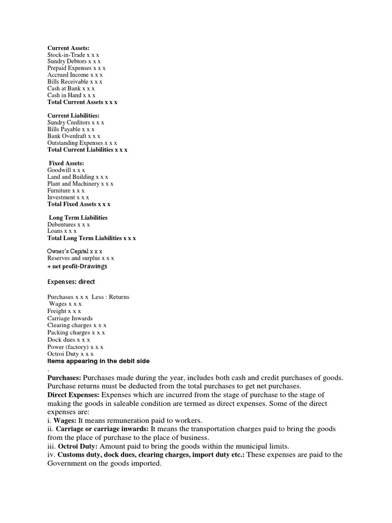 Current Assets:: Drawings Expenses: Direct | PDF | Expense | Debits And ...