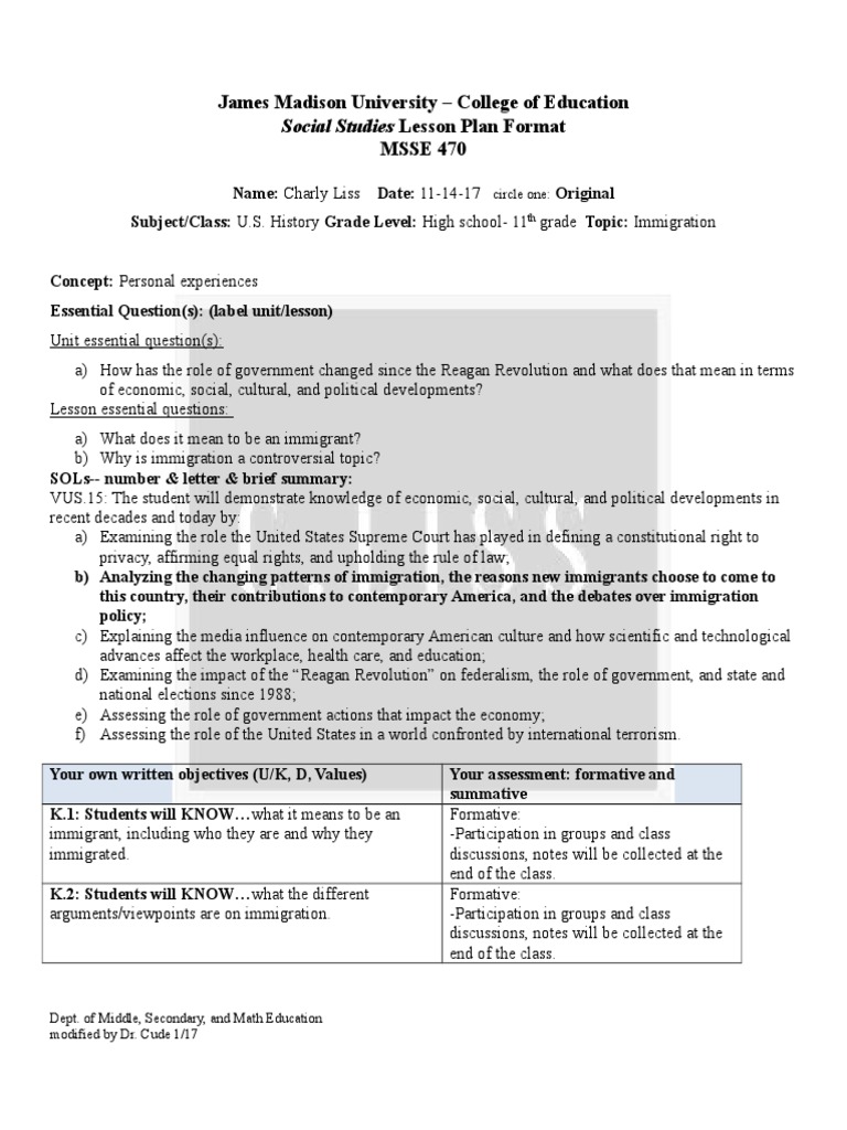 James Madison University - College of Education MSSE 470: Social ...