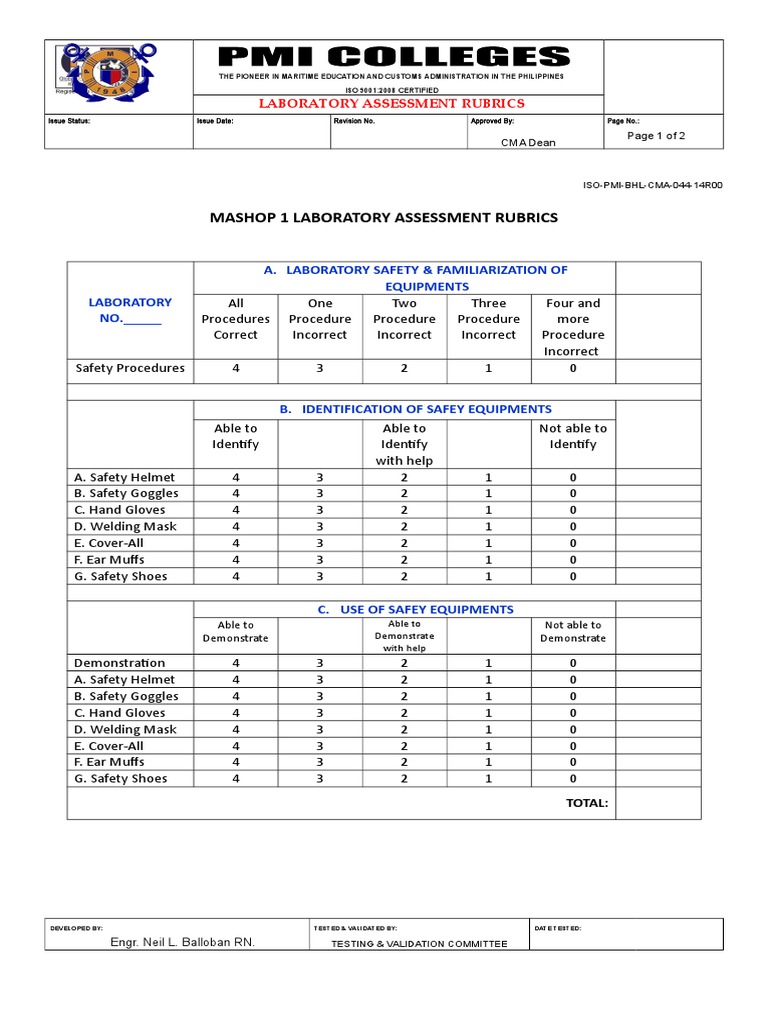 Mashop 1 Lab Rubrics For SAFETY PROCEDURES | PDF | Personal Protective ...