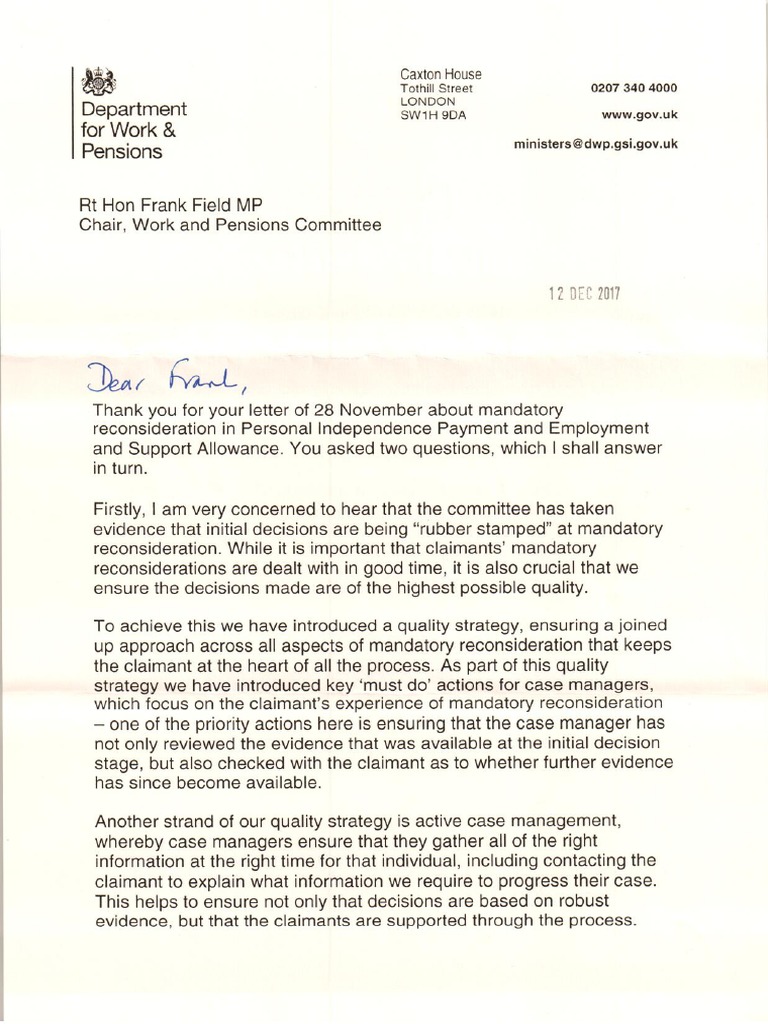 Letter from the Minister for Disabled People to the Work and Pensions ...