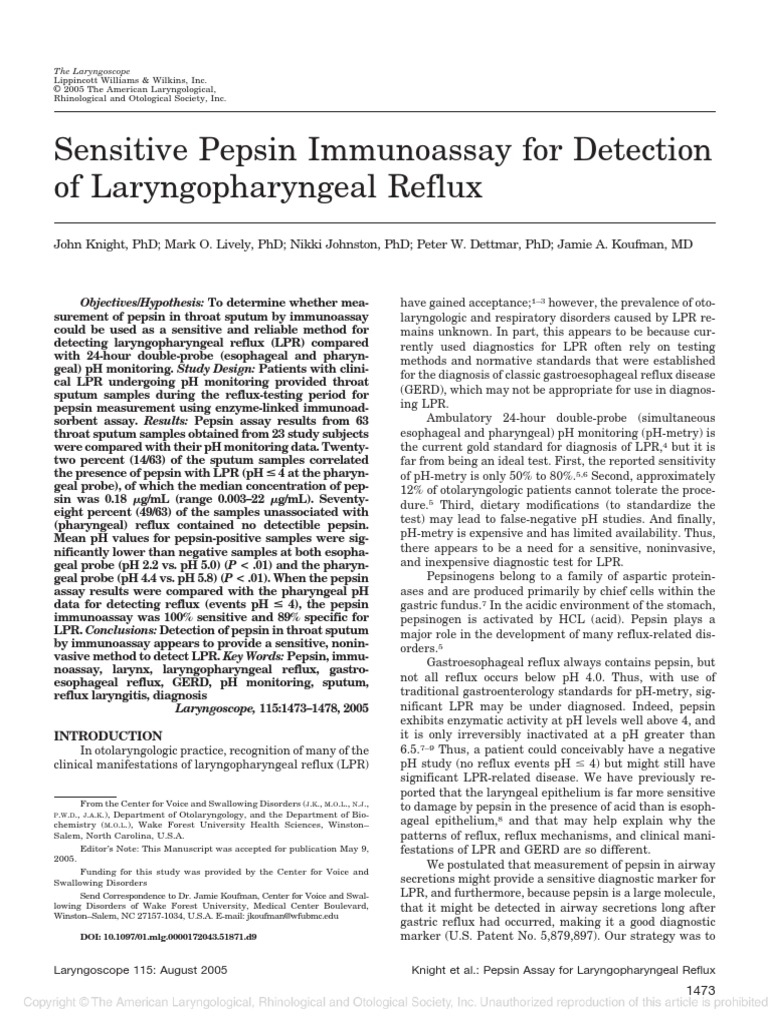 Sensitive Pepsin Immunoassay... | PDF | Gastroesophageal Reflux Disease ...