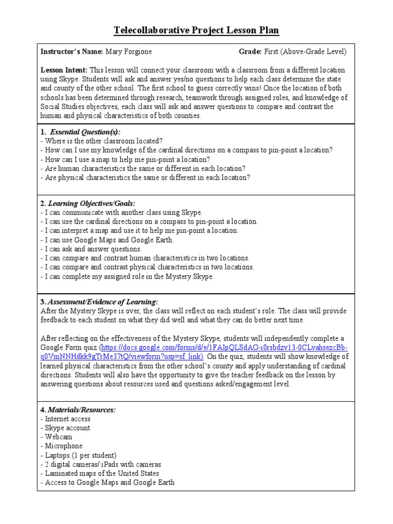 Telecollaborative Lesson Plan | PDF | Lesson Plan | Cognition