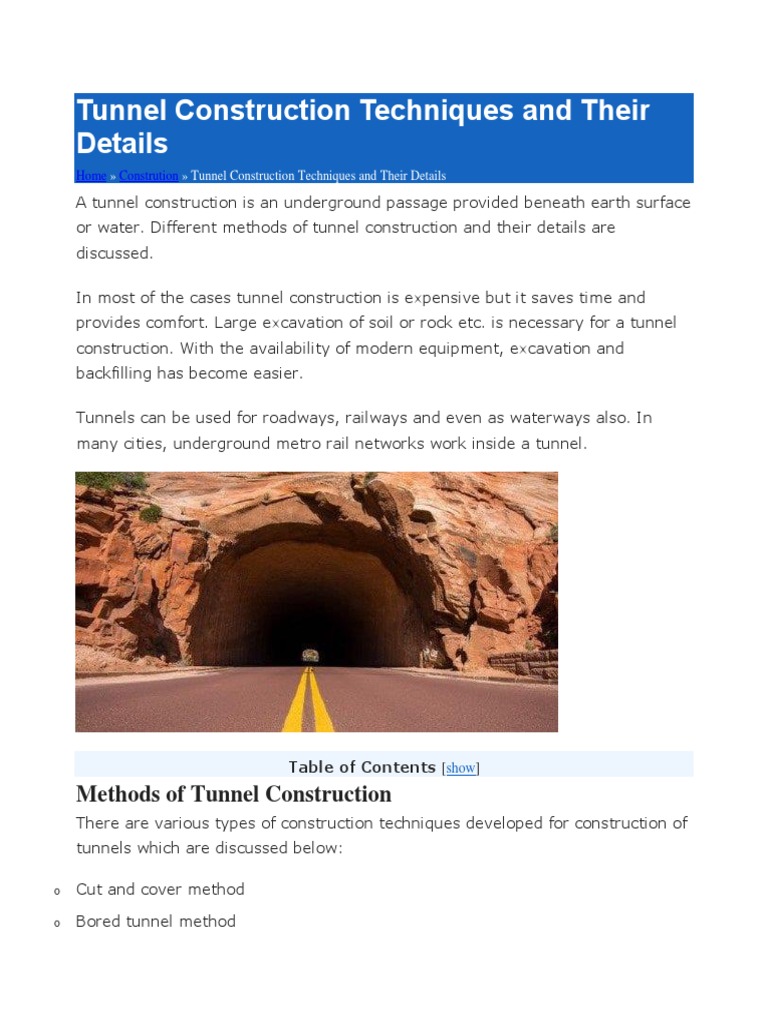 Tunnel Construction Techniques and Their Details | PDF | Tunnel ...