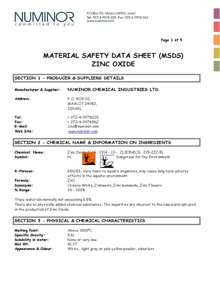 Material Safety Data Sheet (MSDS) Zinc Oxide: Section 1 - Producer ...