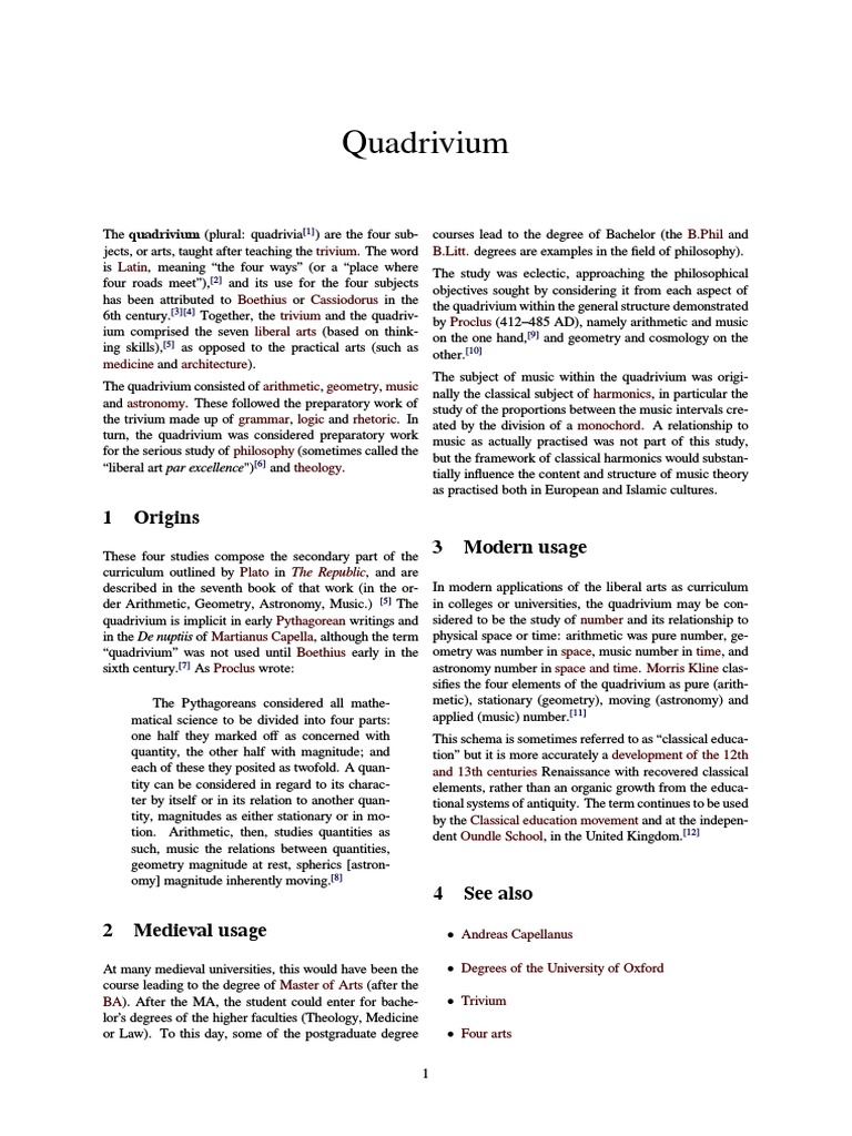 Quadrivium: 1 Origins 3 Modern Usage | Download Free PDF | Further ...