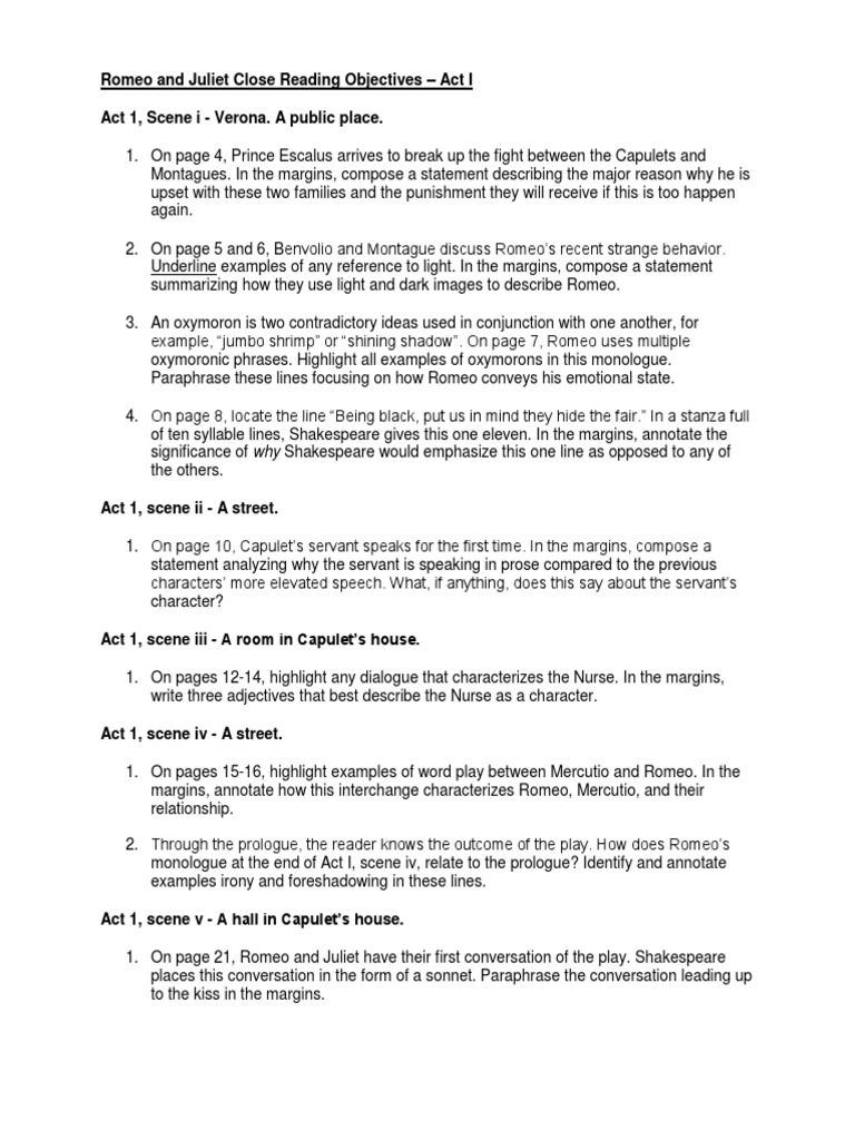 Close Reading Guide: Romeo and Juliet Act I | PDF | Characters In Romeo ...