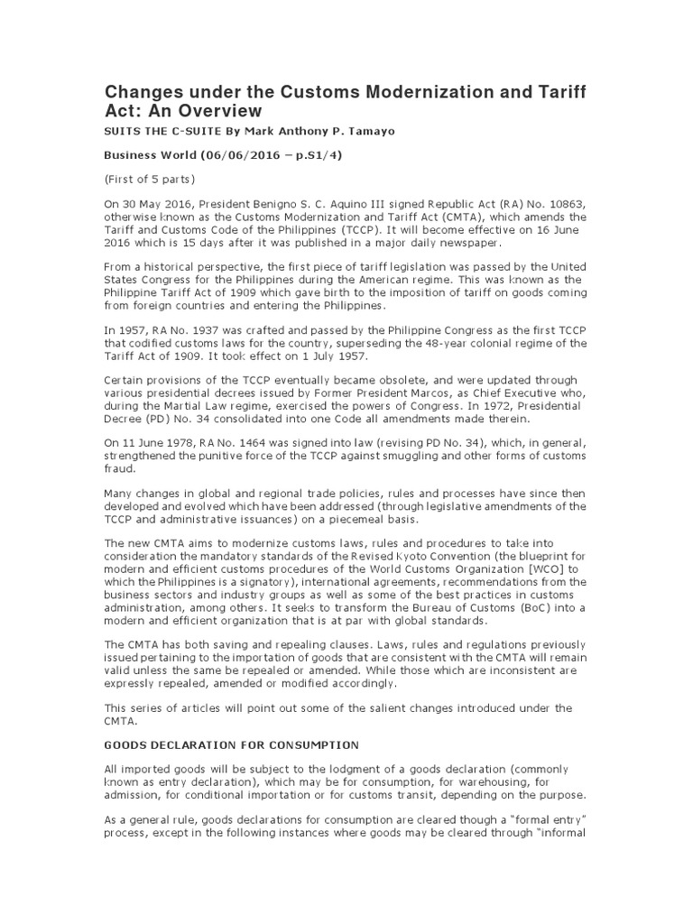 Changes Under The Customs Modernization and Tariff Act: An Overview ...