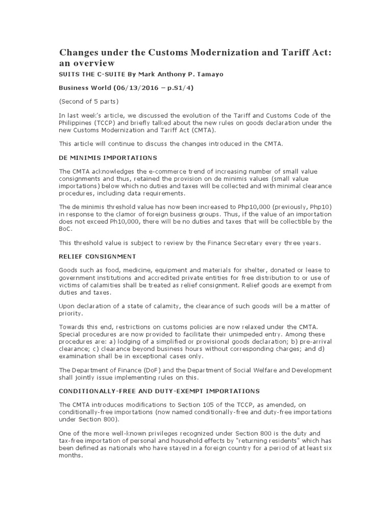 Changes Under The Customs Modernization and Tariff Act: An Overview ...