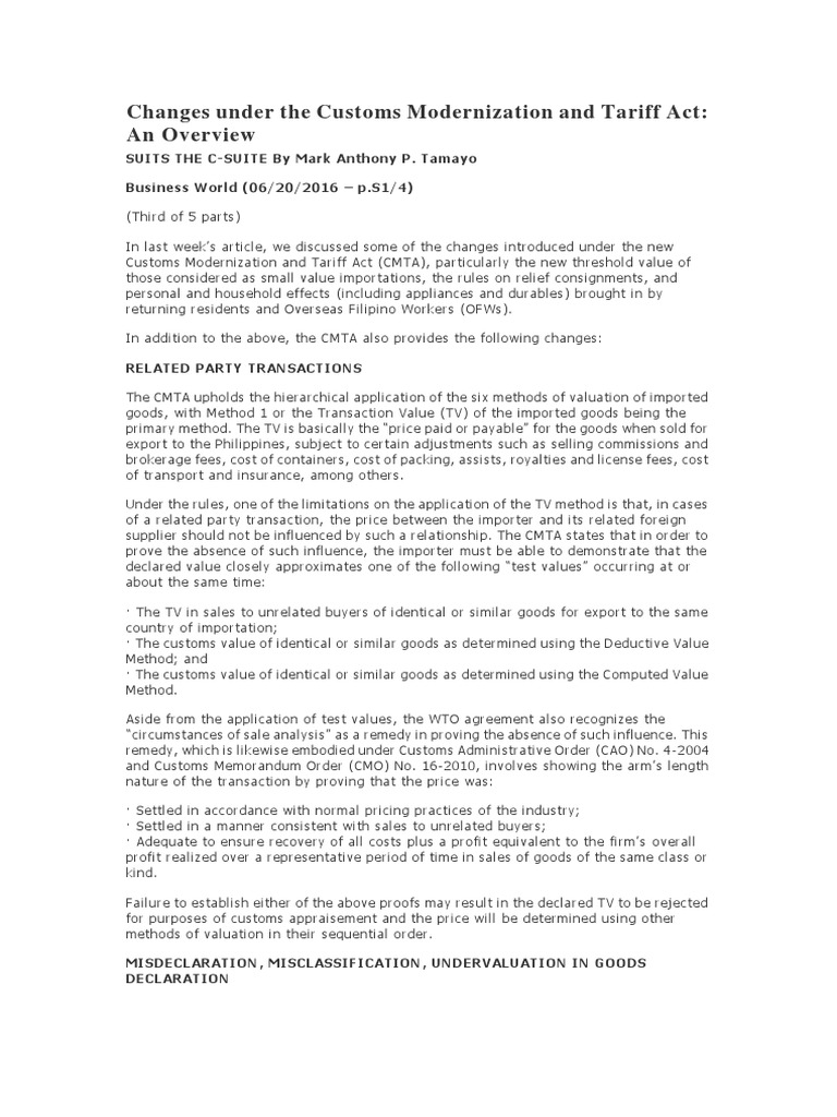 Changes Under The Customs Modernization and Tariff Act: An Overview ...