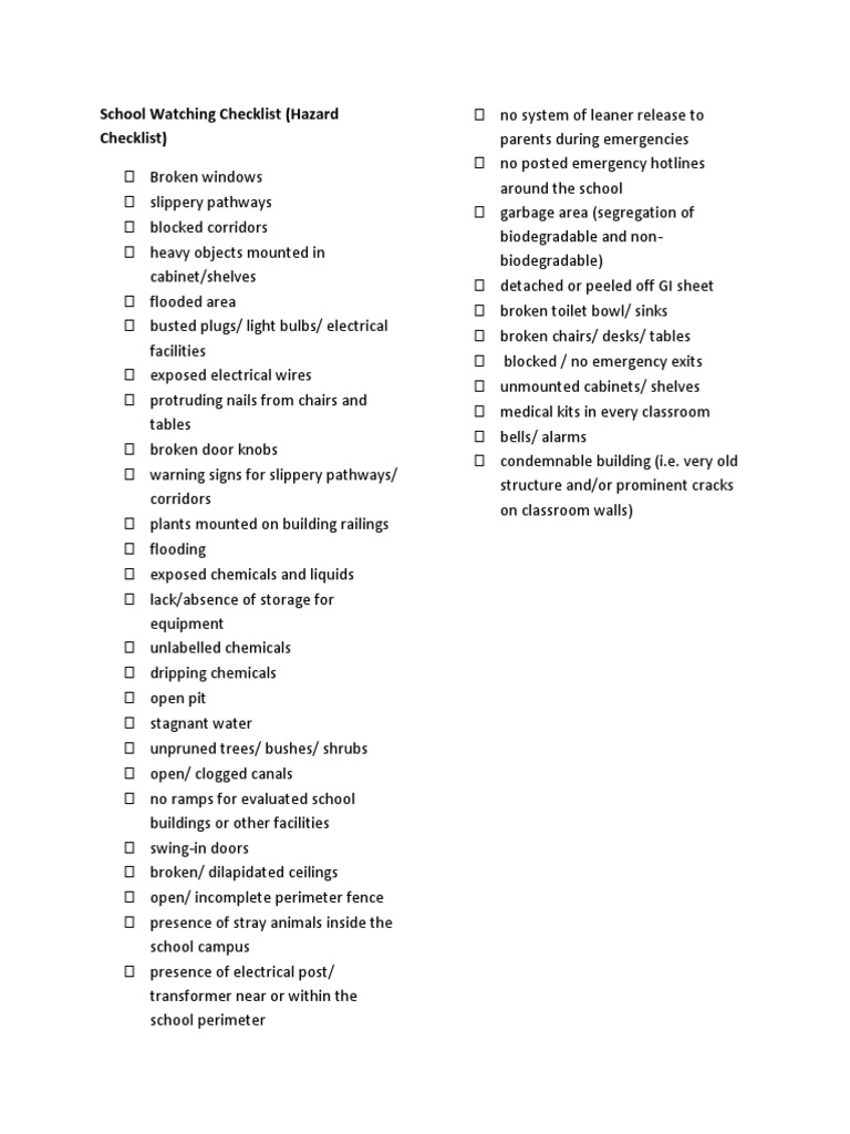 School Watching Checklist (Hazard Checklist) | PDF