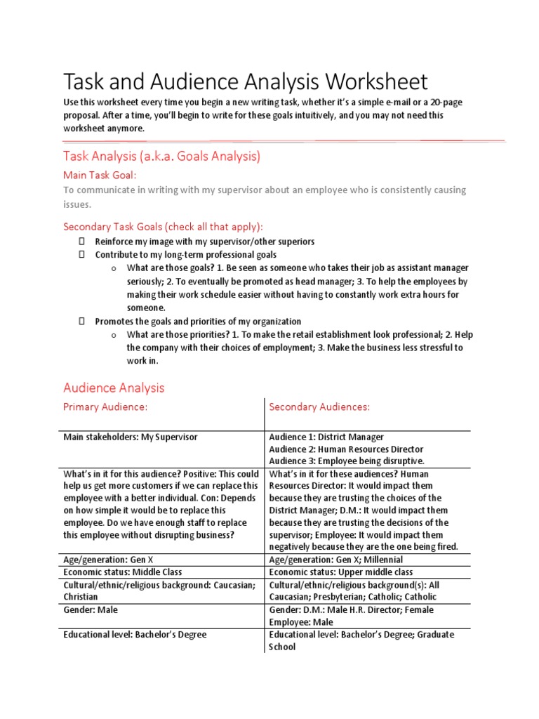 Task and Audience Analysis Worksheet | Download Free PDF | Employment ...