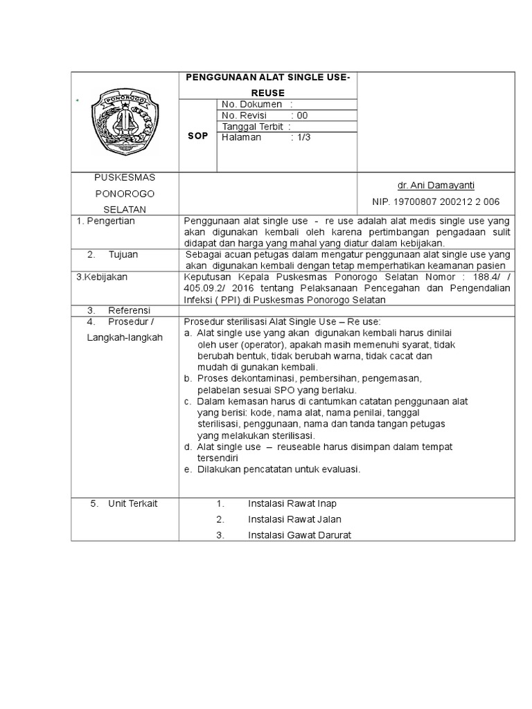 Sop Penggunaan Alat Single Use-Reuse | PDF