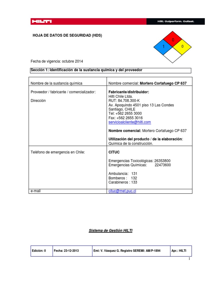 Hoja de Seguridad Hilti CP 637 | Descargar gratis PDF | Toxicidad | Residuos