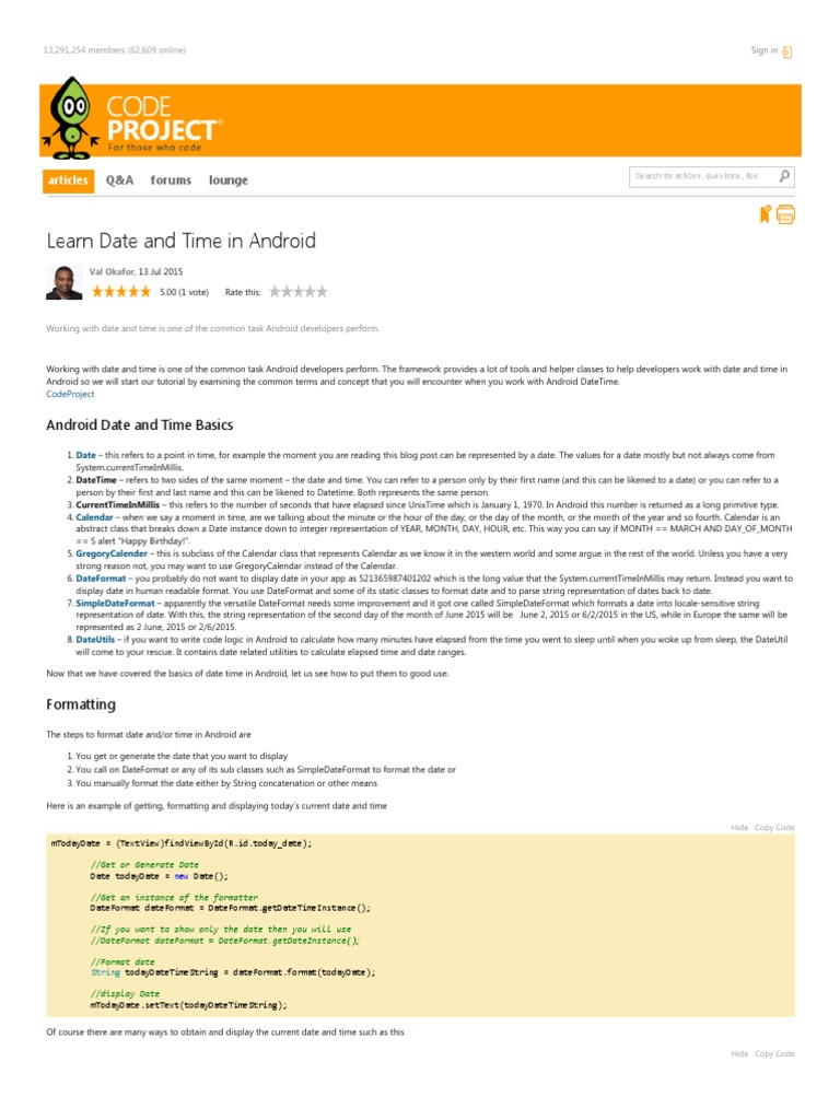 Learn Date and Time in Android - CodeProject | PDF | String (Computer Science) | Variable ...