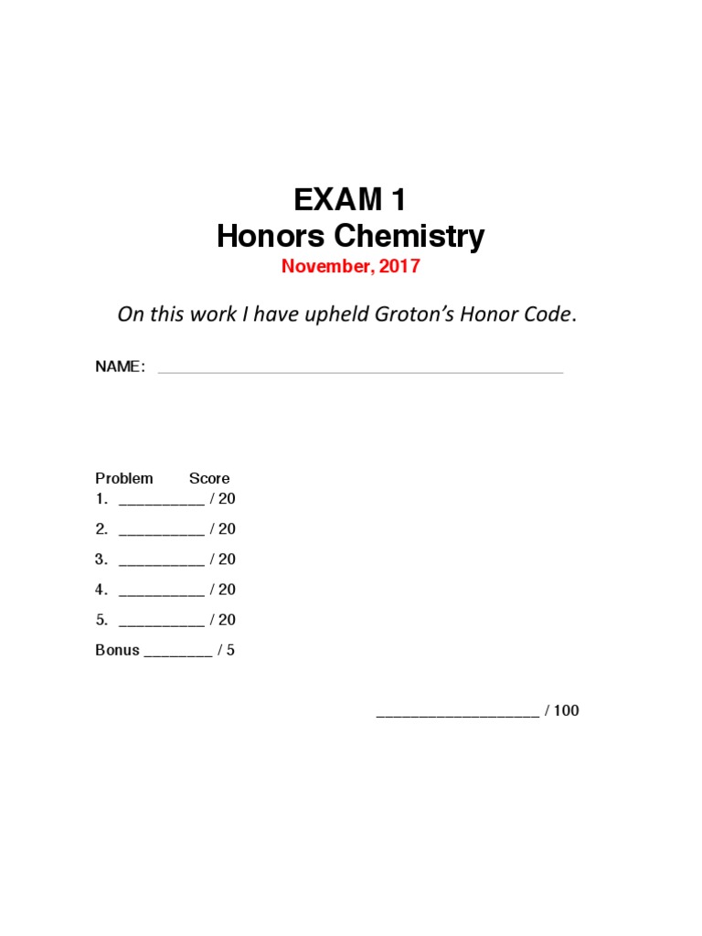 Exam 1 Honors Chemistry: On This Work I Have Upheld Groton's Honor Code ...