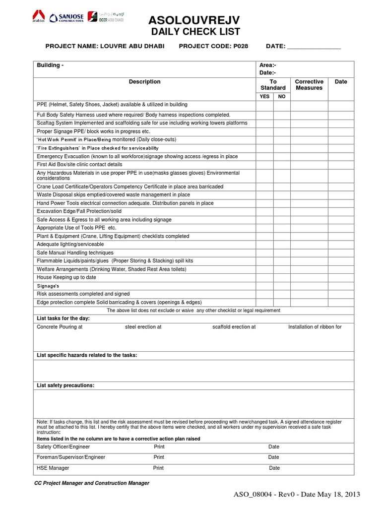 HSE04 - Daily Check List | PDF | Personal Protective Equipment | Safety
