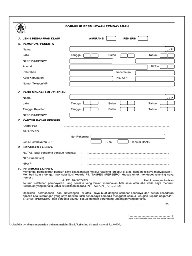 Formulir Permintaan Pembayaran Taspen | PDF