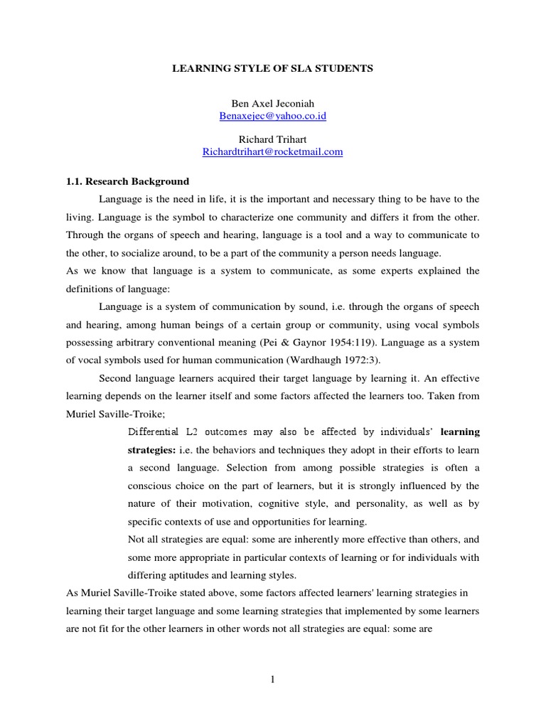 Learning Styles in SLA Students | PDF | Second Language | Second ...
