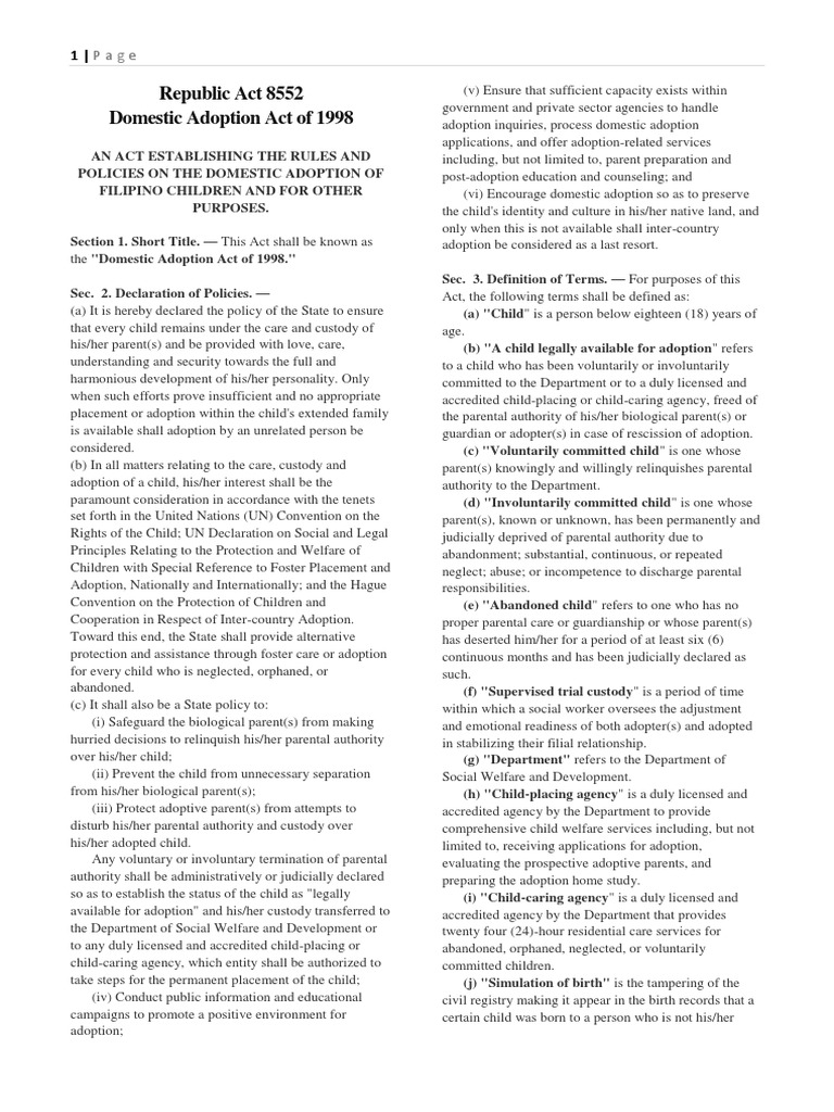 Republic Act 8552 Domestic Adoption Act of 1998 | PDF | Adoption ...