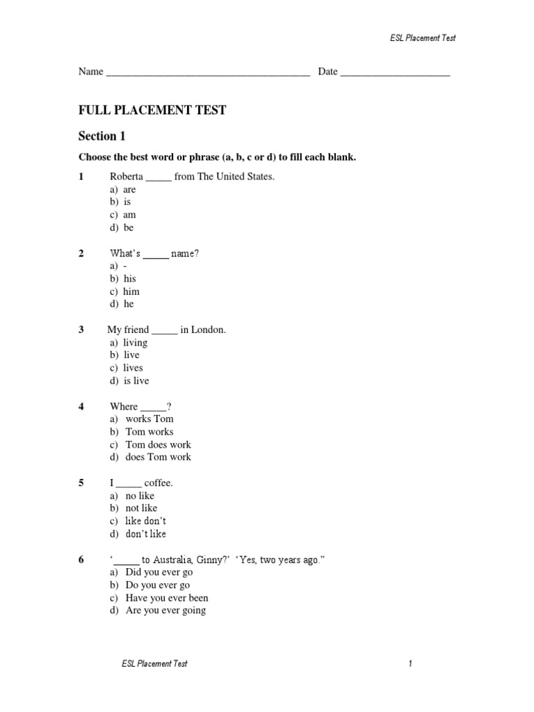 ESL Placement Test | PDF | Tourism | Prediction