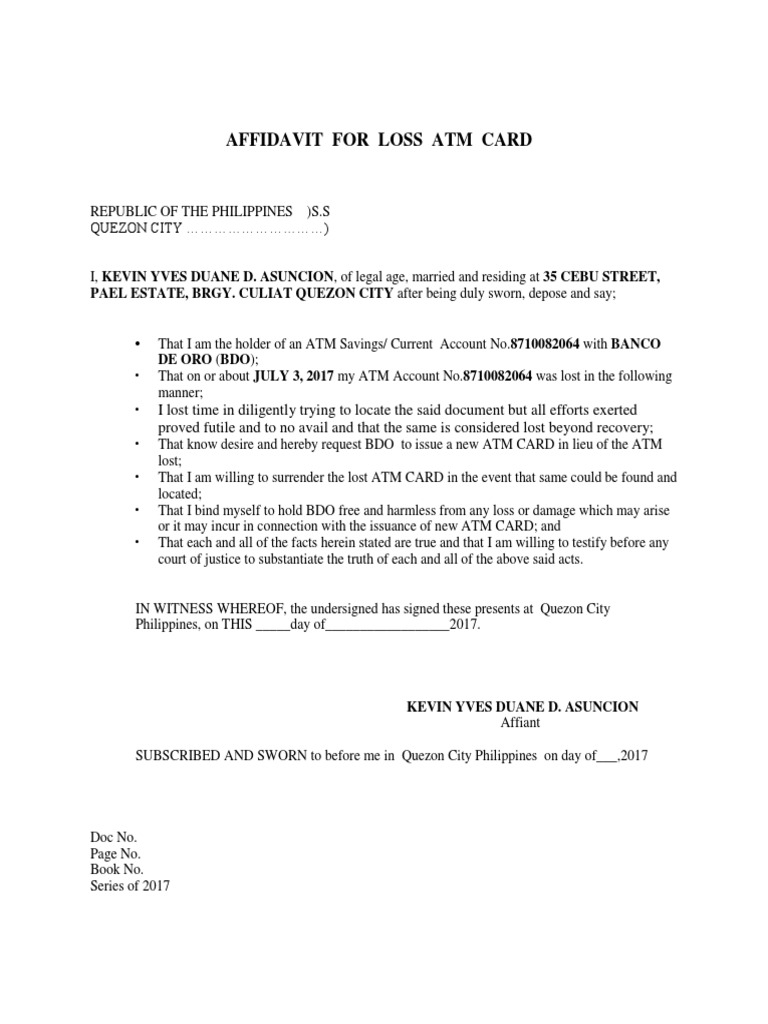 Affidavit For Loss Atm Card Bdo | PDF | Affidavit | Legal Procedure