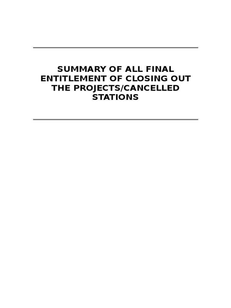 Summary of All Final Entitlement of Closing Out The Projects/Cancelled ...