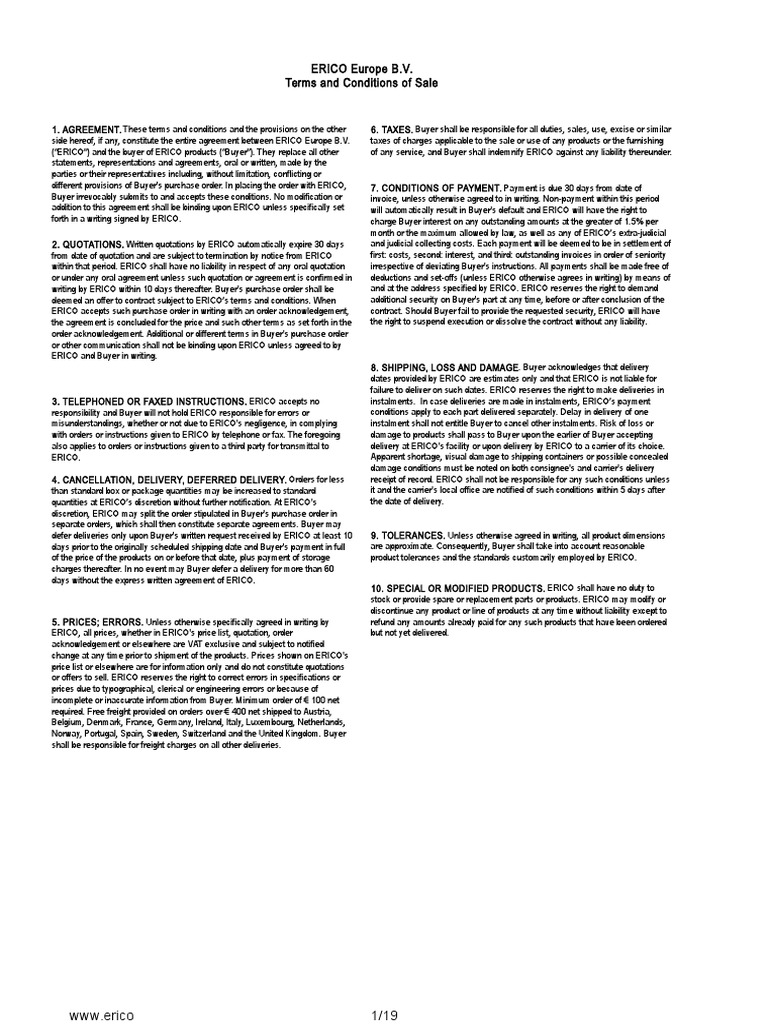 ERICO Europe B.V. Terms and Conditions of Sale | PDF | Business | Economies