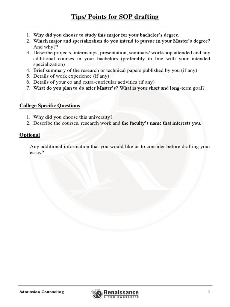Tips/ Points For SOP Drafting: College Specific Questions | PDF