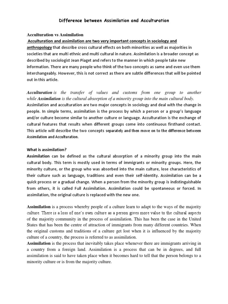Difference Between Assimilation and Acculturation | PDF | Cultural Assimilation | Ethnic Groups