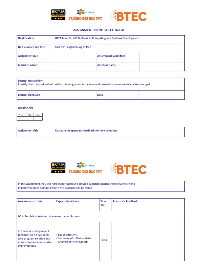 Assignment Front Sheet : Unit 41: Programming in Java | PDF