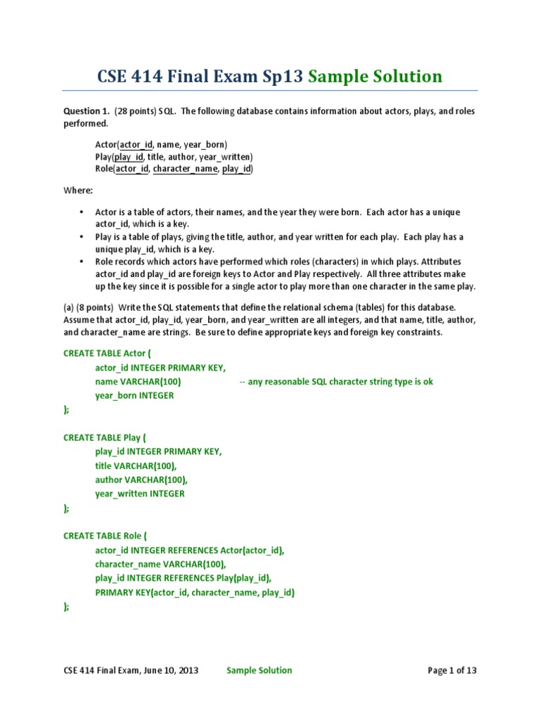 CSE 414 Final Exam Sp13: Sample Solution | PDF | Acid | Database Transaction